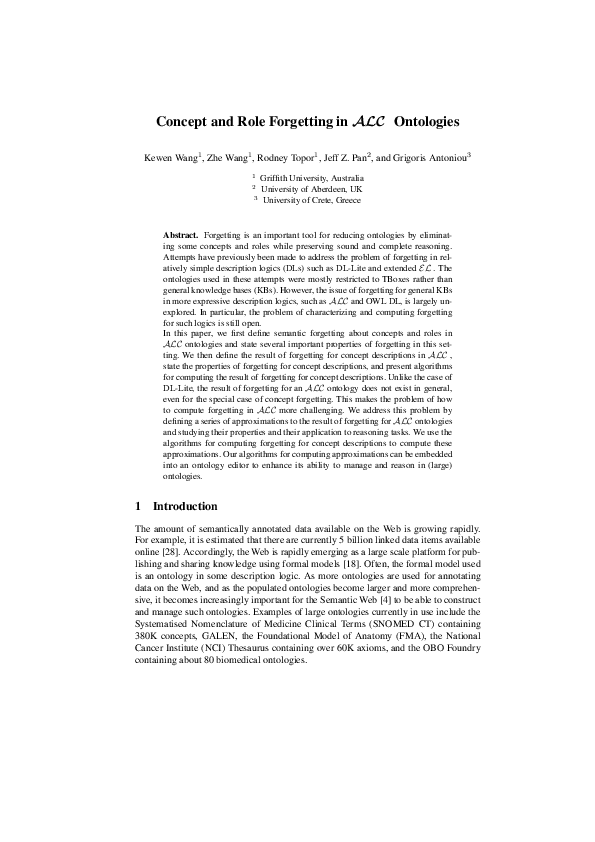 (PDF) Concept and Role Forgetting in ALC {\ mathcal {ALC}} Ontologies
