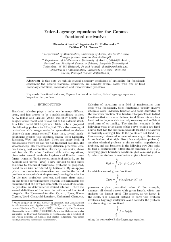 Pdf Euler Lagrange Equations For The Caputo Fractional Derivative