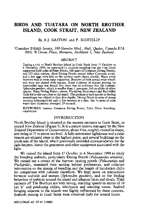 (PDF) Birds and tuatara on North Brother Island, Cook Strait, New Zealand