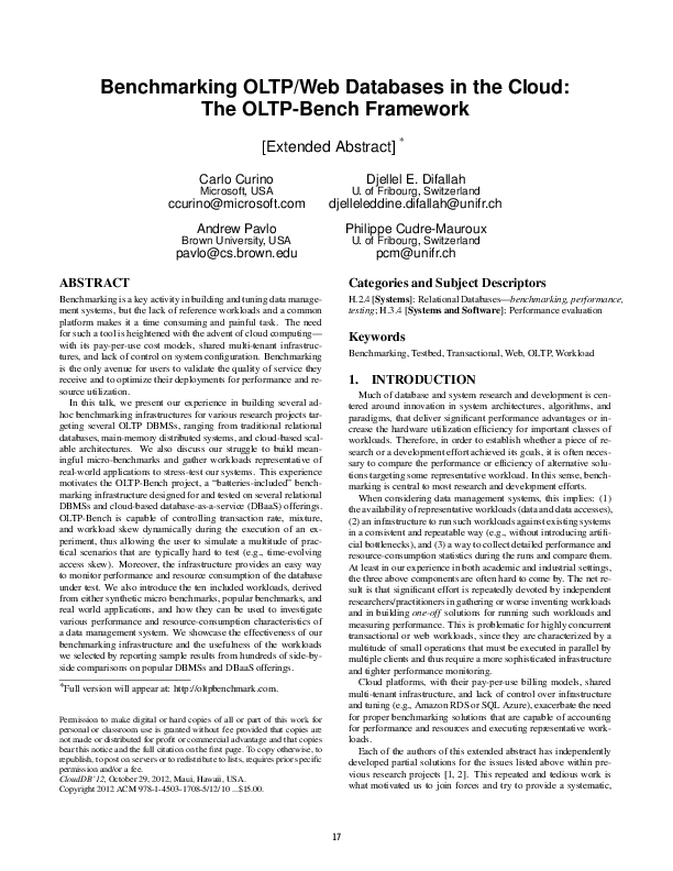(PDF) Benchmarking OLTP/web databases in the cloud: the OLTP-bench framework