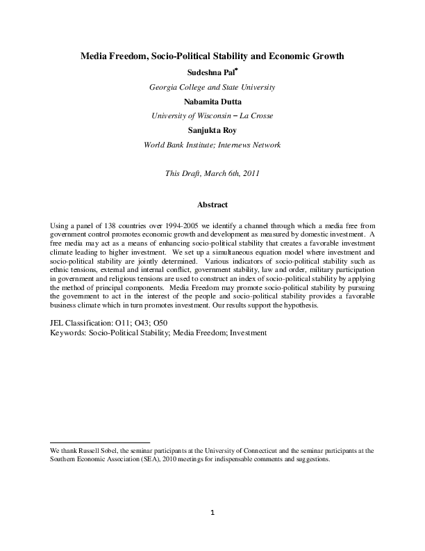 (PDF) Media Freedom, Socio-Political Stability and Economic Growth