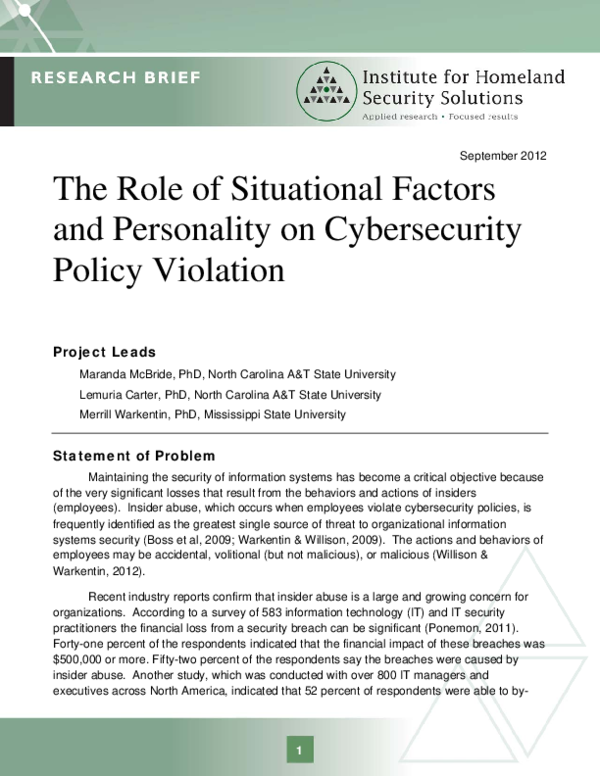 (PDF) The Role of Situational Factors and Personality on Cybersecurity Policy Violation