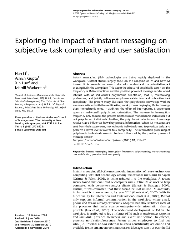(PDF) Exploring the impact of instant messaging on subjective task complexity and user satisfaction