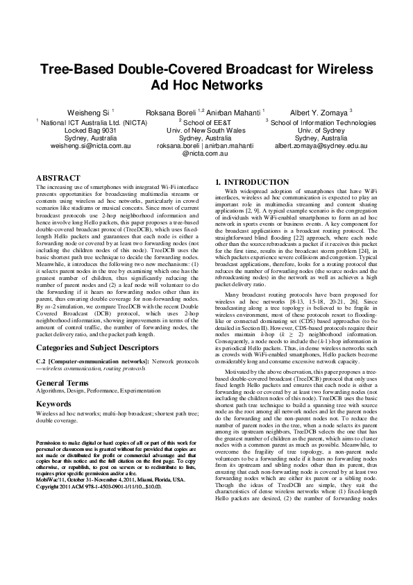Pdf Tree Based Double Covered Broadcast For Wireless Ad Hoc Networks 