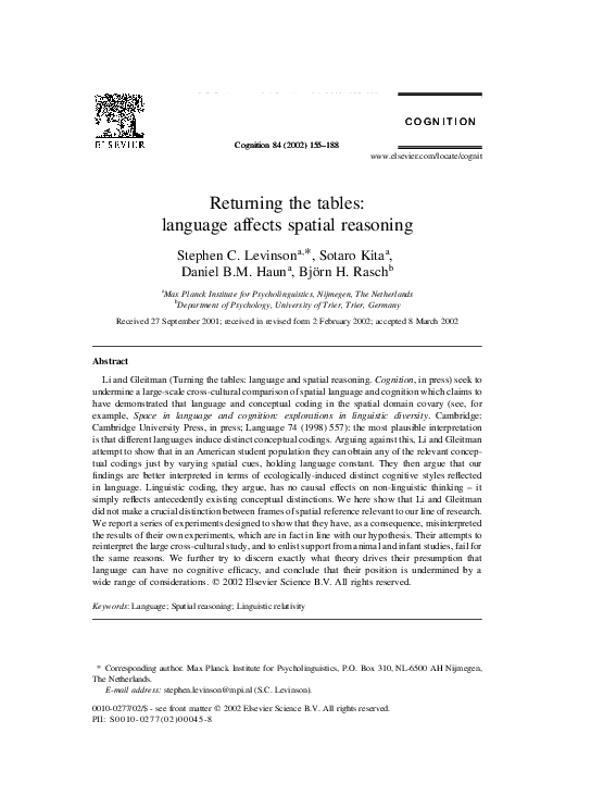 (PDF) Returning the tables: Language affects spatial reasoning