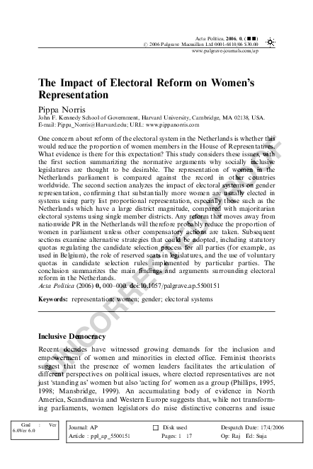 (PDF) The impact of electoral reform on women's representation