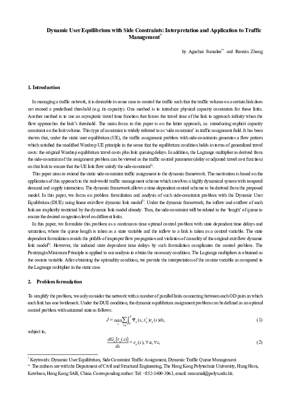 (PDF) Dynamic User Equilibrium with Side Constraints: Interpretation and Application to Traffic ...