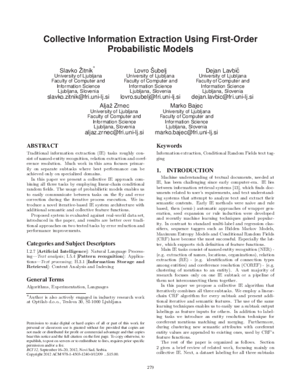 (PDF) Collective Information Extraction using First-Order Probabilistic Models