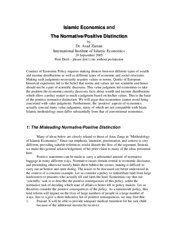 (PDF) Islamic Economicss and The Normative/Positive Distinction