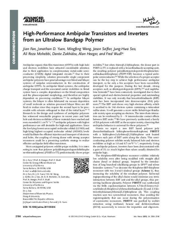 (PDF) High‐Performance Ambipolar Transistors and Inverters from an ...