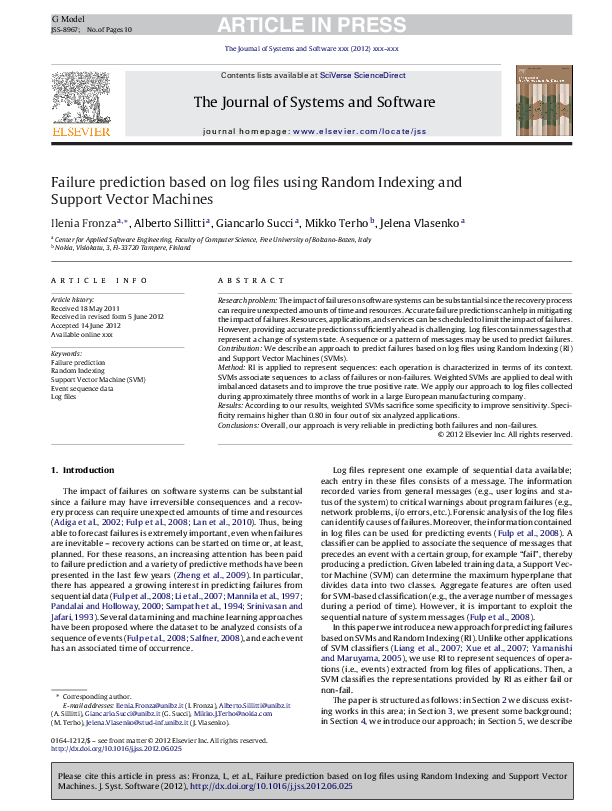 (PDF) Failure Prediction based on Log Files Using Random Indexing and Support Vector Machines