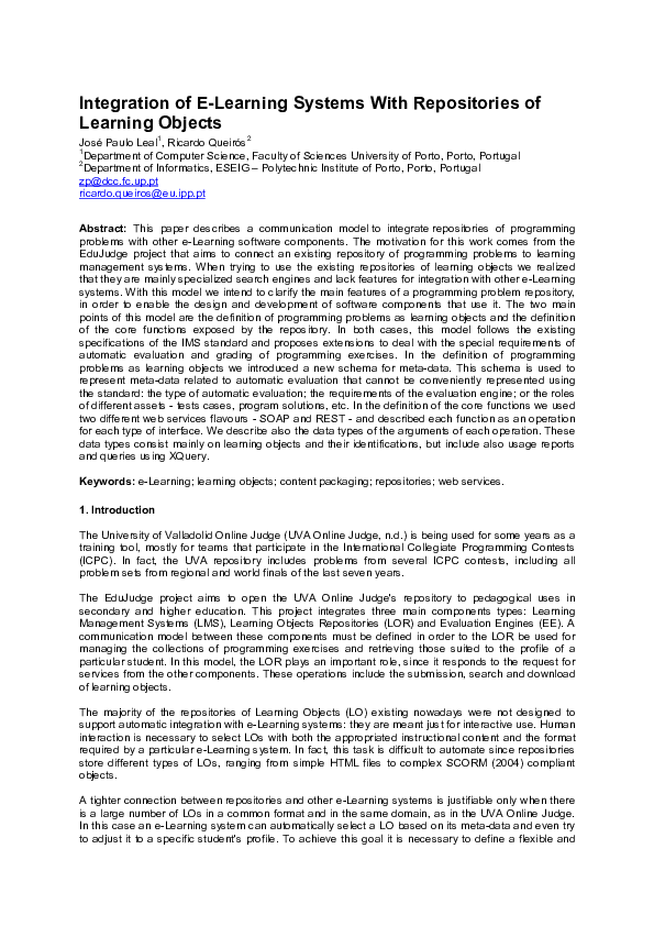 (PDF) Integration of E-Learning Systems With Repositories of Learning Objects