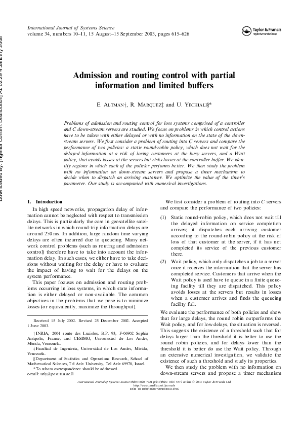 (PDF) Admission and routing control with partial information and ...