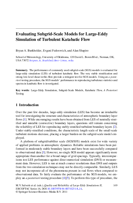 (PDF) Evaluating Subgrid-Scale Models for Large-Eddy Simulation of Turbulent Katabatic Flow