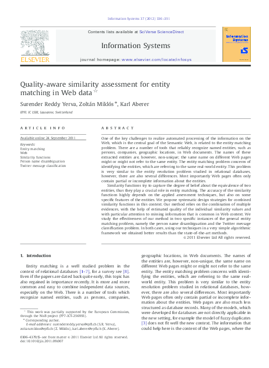 (PDF) Quality-aware similarity assessment for entity matching in Web data
