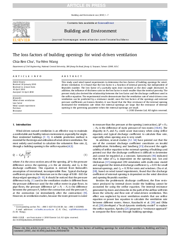 (PDF) The loss factors of building openings for wind-driven ventilation