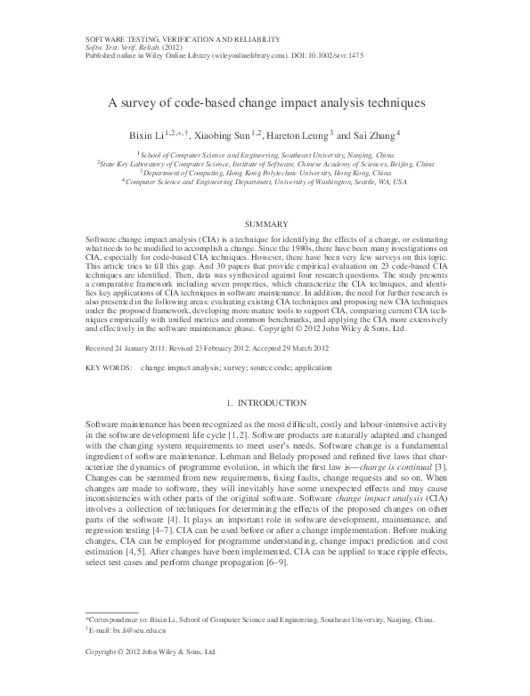 (PDF) A survey of code‐based change impact analysis techniques