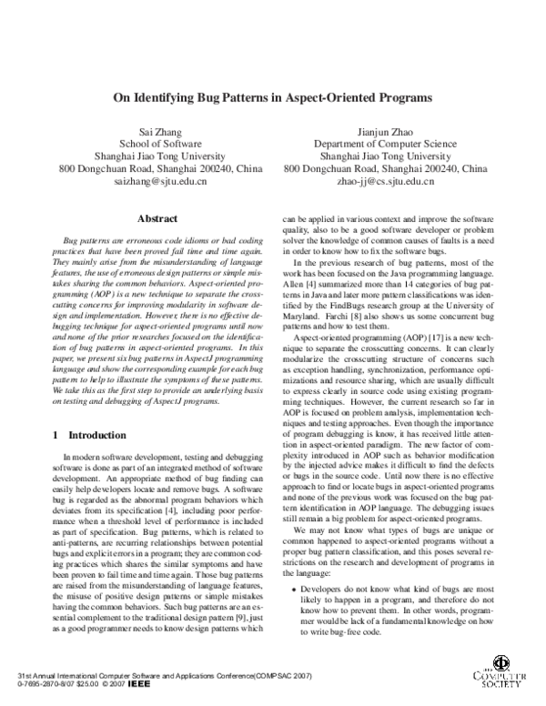 Pdf On Identifying Bug Patterns In Aspect Oriented Programs