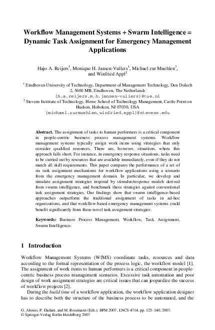 (PDF) Workflow management systems+ swarm intelligence= dynamic task assignment for emergency ...