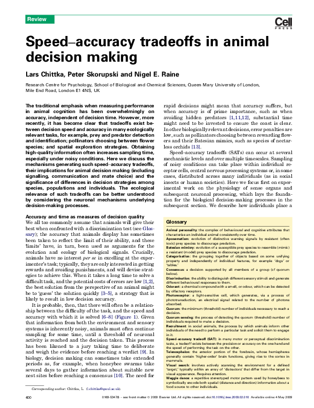 (PDF) Speed–accuracy tradeoffs in animal decision making
