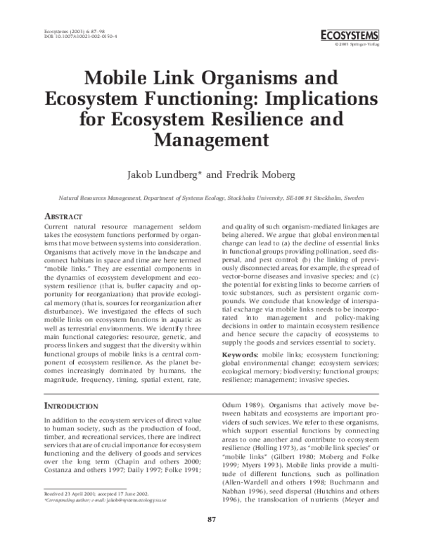 (PDF) Mobile link organisms and ecosystem functioning: implications for ...