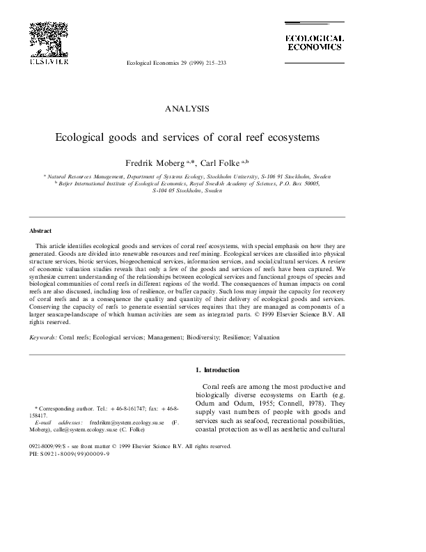 (PDF) Ecological goods and services of coral reef ecosystems
