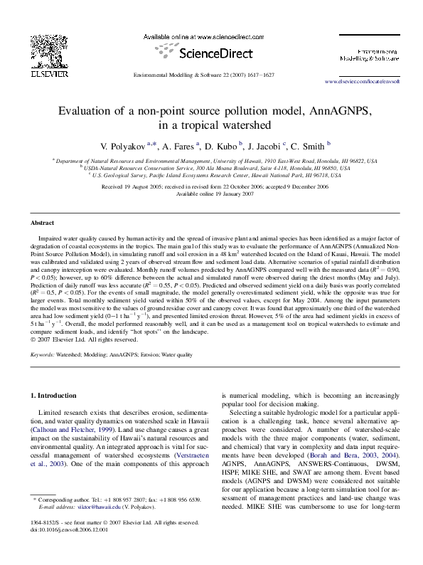 (PDF) Evaluation of a non-point source pollution model, AnnAGNPS, in a tropical watershed