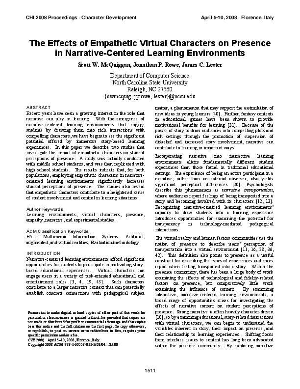 (PDF) The effects of empathetic virtual characters on presence in narrative-centered learning ...