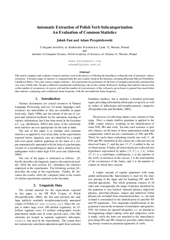 (PDF) Automatic extraction of Polish verb subcategorization: An ...