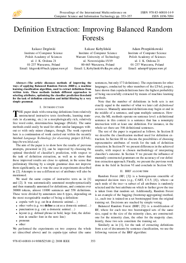 (PDF) Definition Extraction: Improving Balanced Random Forests