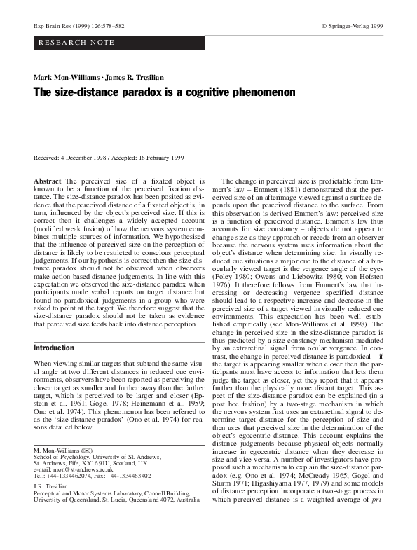 (PDF) The size-distance paradox is a cognitive phenomenon