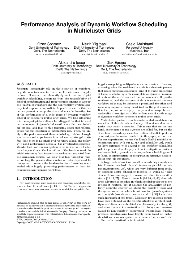 Pdf Performance Analysis Of Dynamic Workflow Scheduling In Multicluster Grids