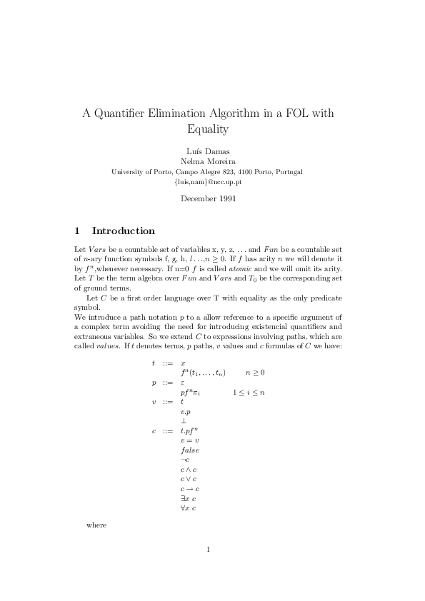 Pdf A Quantifier Elimination Algorithm In A Fol With Equality Nelma Moreira 5897