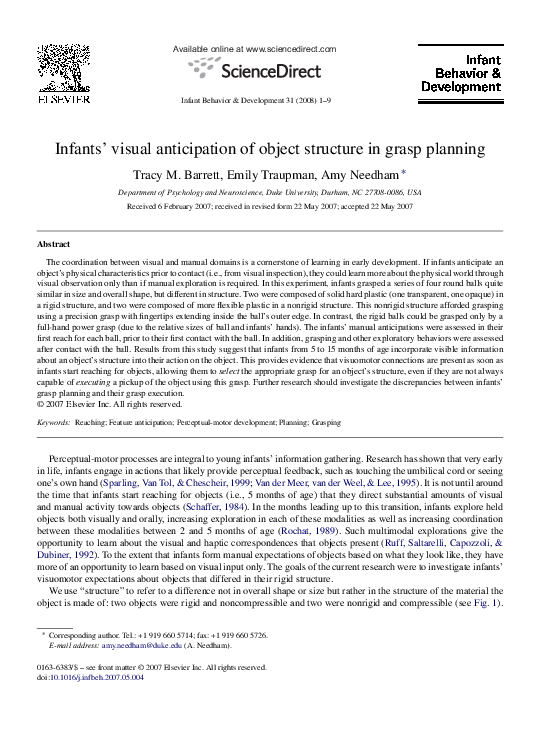 (PDF) Infants’ visual anticipation of object structure in grasp planning