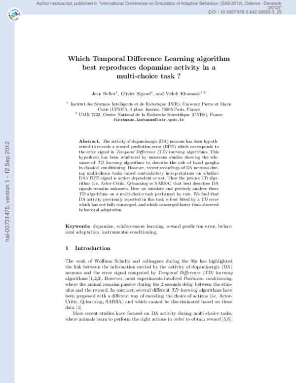 (PDF) Which Temporal Difference Learning algorithm best reproduces dopamine activity in a multi ...