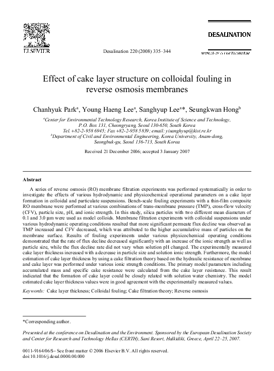 (PDF) Effect of cake layer structure on colloidal fouling in reverse osmosis membranes