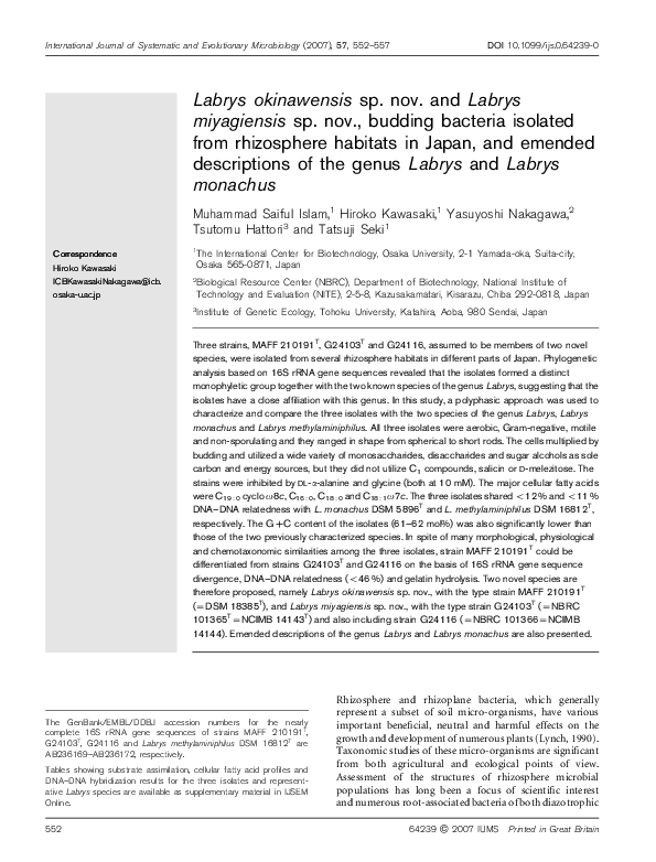 (PDF) Labrys okinawensis sp. nov. and Labrys miyagiensis sp. nov ...