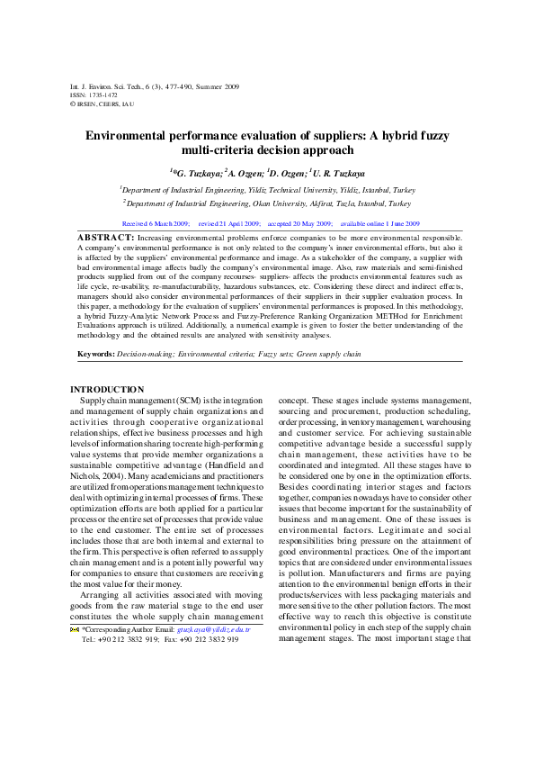 Pdf Environmental Performance Evaluation Of Suppliers A Hybrid Fuzzy Multi Criteria Decision
