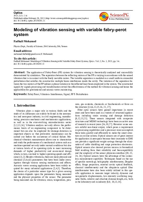 Pdf Modeling Of Vibration Sensing With Variable Fabry Perot System