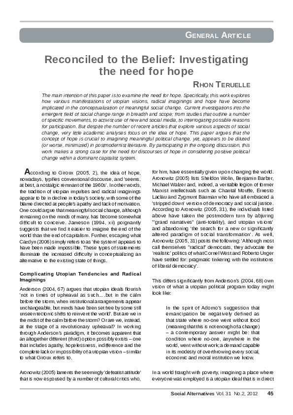 (PDF) Reconciled to the Belief: Investigating the Need for Hope