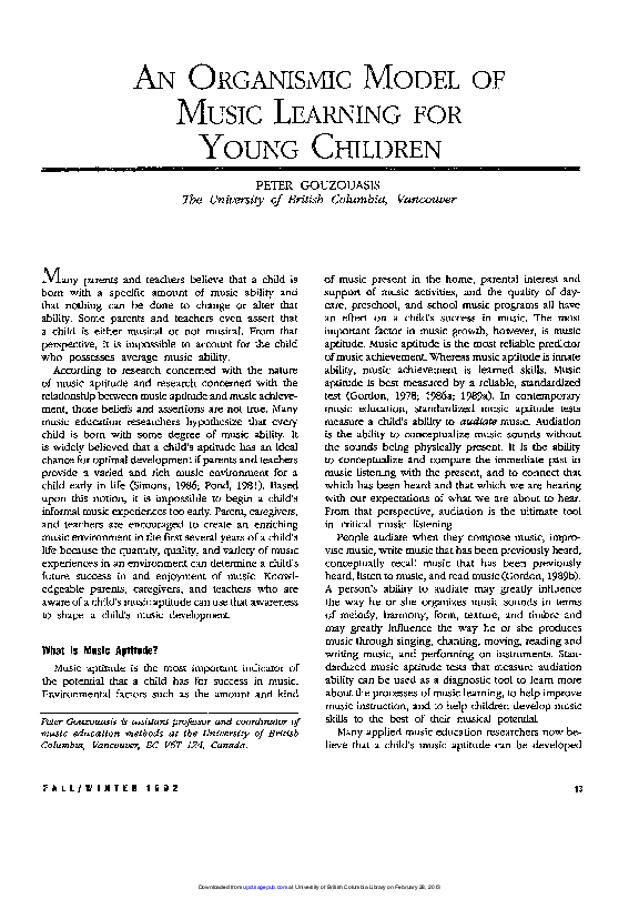 (PDF) An organismic model of music learning for young children.