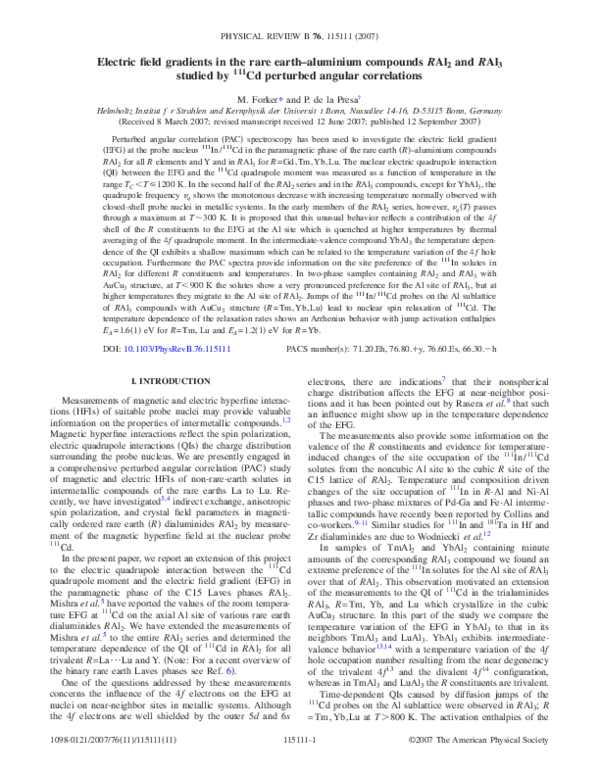 (PDF) Electric field gradients in the rare earth-aluminium compounds RAl2 and RAl3 studied by Cd ...