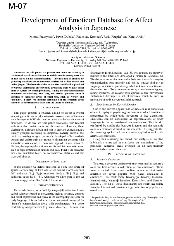 (PDF) Development of Emoticon Database for Affect Analysis in Japanese