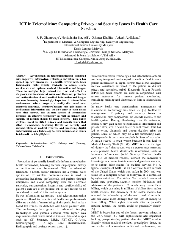 (PDF) ICT in Telemedicine: Conquering Privacy and Security Issues In ...