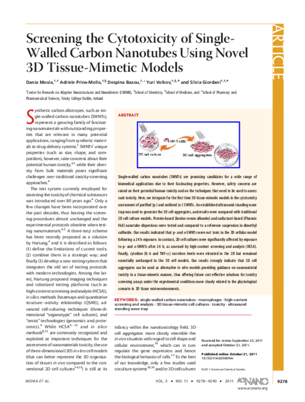 (PDF) Screening the Cytotoxicity of Single-Walled Carbon Nanotubes ...
