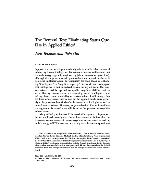 (PDF) The Reversal Test: Eliminating Status Quo Bias in Applied Ethics