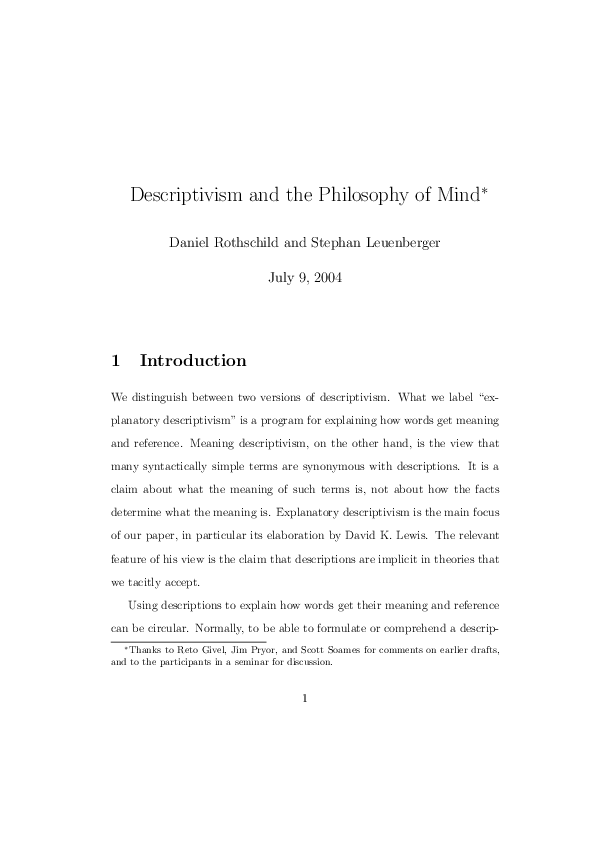 (PDF) Descriptivism and the Philosophy of Mind