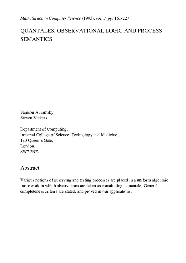 (PDF) Quantales, Observational Logic and Process Semantics