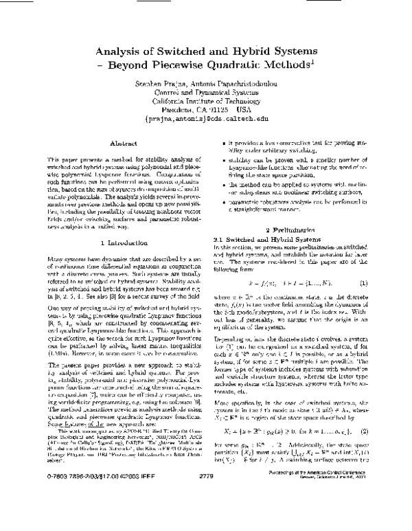(PDF) Analysis of switched and hybrid systems-beyond piecewise ...