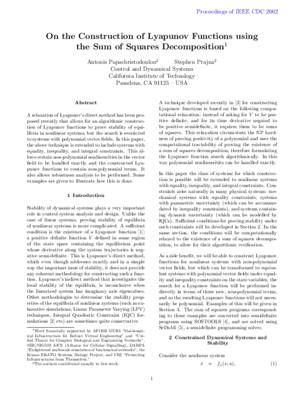 (PDF) On the construction of Lyapunov functions using the sum of squares decomposition